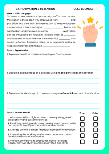OCR GCSE Business Motivation & Retention Worksheet | Teaching Resources