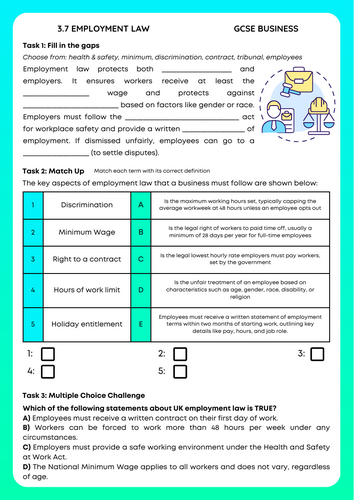 OCR GCSE Business Employment Law Worksheet | Teaching Resources