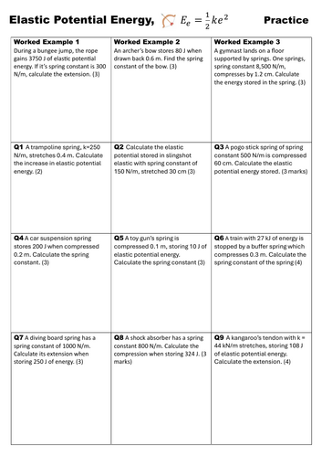 Elastic Potential Energy - SLOP Calculations Worksheet with Answers ...