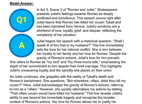 AQA GCSE English Literature - Romeo and Juliet - Model Answers - 5 Q and A's - Student Handout ...