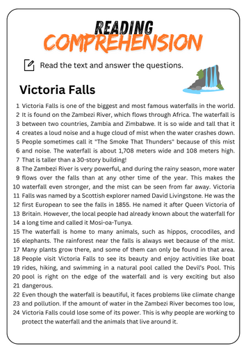 Reading Comprehension - Victoria Falls + Solutions | Teaching Resources
