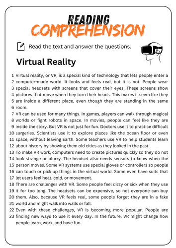 Reading Comprehension - Virtual Reality + Solutions | Teaching Resources