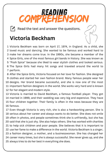 Reading Comprehension - Victoria Beckham + Solutions | Teaching Resources