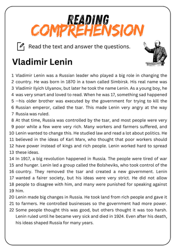 Reading Comprehension - Vladimir Lenin + Solutions | Teaching Resources