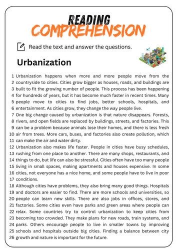 Reading Comprehension - Urbanization + Solutions | Teaching Resources