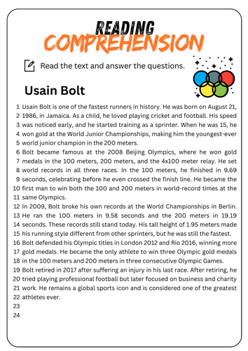 Reading Comprehension - Usain Bolt + Solutions | Teaching Resources