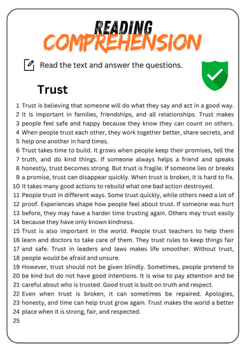 Reading Comprehension - Trust + Solutions | Teaching Resources