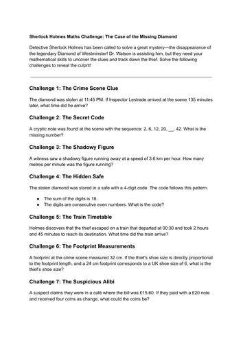 Sherlock Holmes Maths Challenges | Teaching Resources