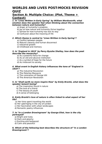 AQA Worlds & Lives Poetry Revision Quiz | Teaching Resources