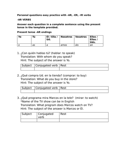 Personal questions easy practice with -AR, -ER, -IR verbs | Teaching ...
