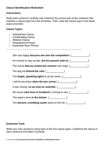 SPAG SAT REVISION - Word Class and Clause Identification Worksheets ...