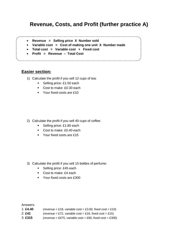 Costs, Revenue, & Profit Worksheets Business GCSE/A-Level | Teaching ...