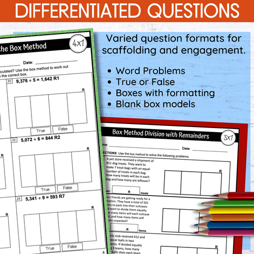 Box Method Division Worksheets 2x1 3x1 and 4x1 digit with Remainders ...