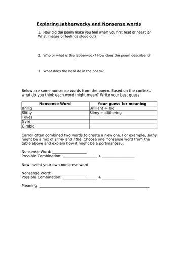 Jabberwocky nonsense poetry lesson | Teaching Resources