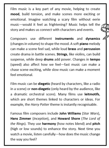 Film Music Worksheet (cover lesson) | Teaching Resources