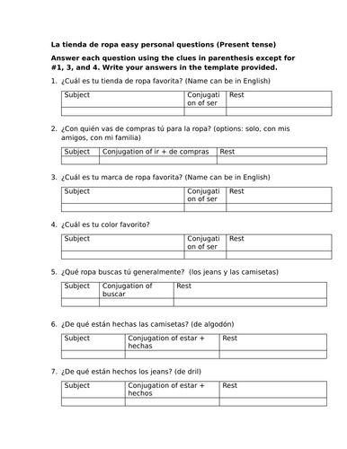 La tienda de ropa easy personal questions (Present tense) | Teaching ...