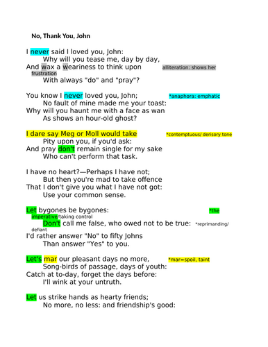 A LEVEL ENGLISH LITERAURE analysis "Shut Out""No Thank You John" "Twice ...