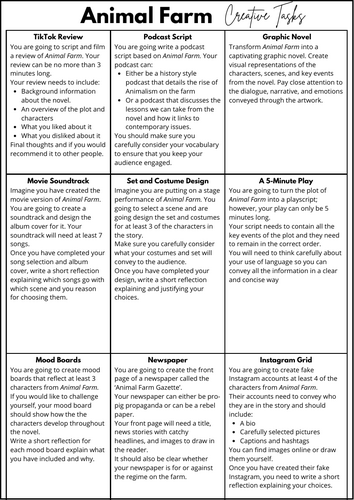 Animal Farm by George Orwell Post-Reading Creative Review Tasks ...