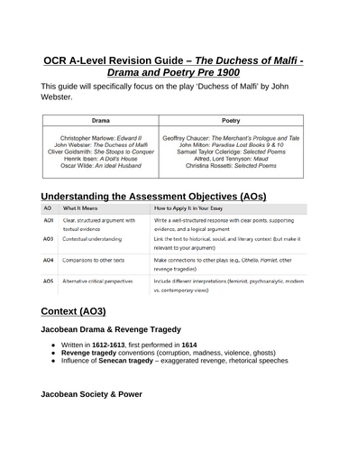 Duchess of Malfi OCR revision guide | Teaching Resources