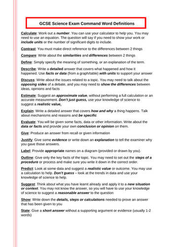 GCSE Science Exam Command Words | Teaching Resources