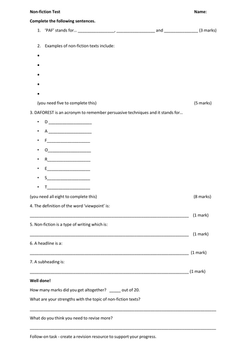 Non-Fiction Reading and Writing Quiz | Teaching Resources