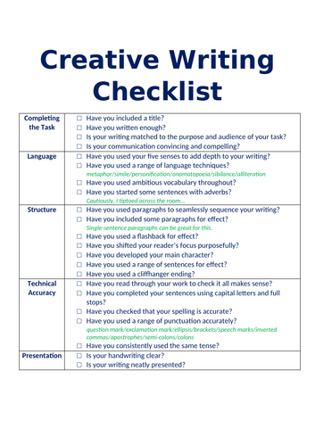 Creative Writing Checklist | Teaching Resources