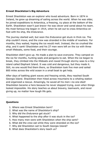 Ernest Shackleton’s Reading Comprehensions | Teaching Resources