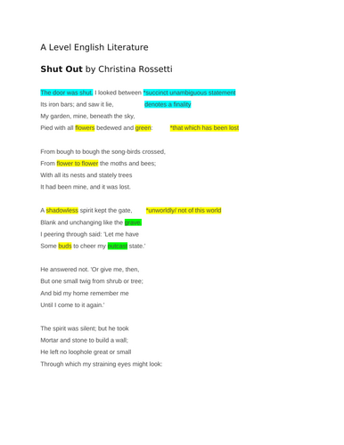 A LEVEL ENGLISH LITERATURE poetry analysis "Shut Out" Christina ...