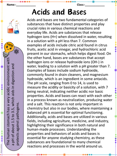 Acids and Bases | Reading Comprehension Passage and Questions ...