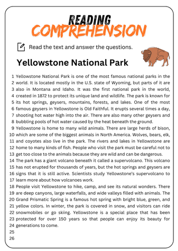 Reading Comprehension - Yellowstone National Park + Solutions ...