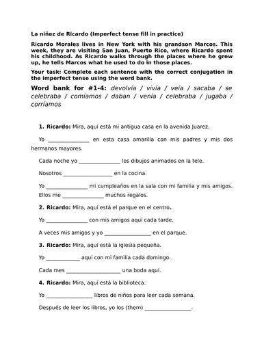 La niñez de Ricardo: Imperfect tense fill in practice | Teaching Resources