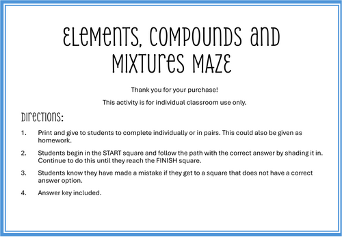 Elements, Compounds and Mixtures Maze Worksheet | Teaching Resources