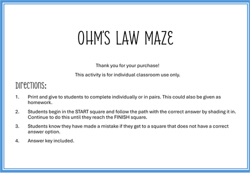 Ohm's Law Maze Worksheet | Teaching Resources