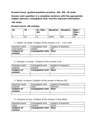 Present tense guided questions practice: -AR, -ER, -IR verbs | Teaching ...