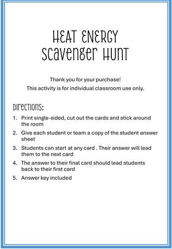 Heat Energy Scavenger Hunt | Teaching Resources
