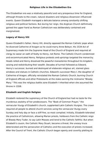 Guided Reading - Religion in Elizabethan Times | Teaching Resources