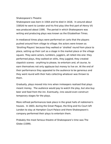 Guided Reading - Shakespeare's Theatre GCSE | Teaching Resources