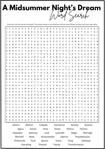 A Midsummer Night’s Dream by William Shakespeare Review Word Search ...