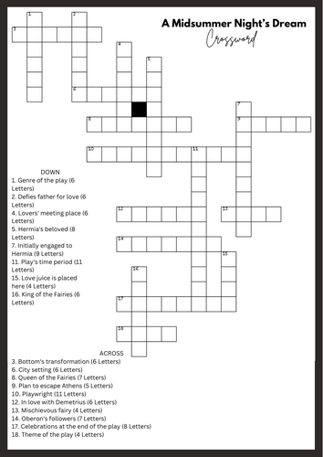 A Midsummer Night's Dream by William Shakespeare Crossword Review ...