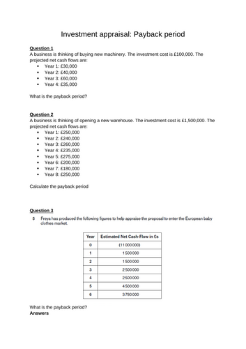 Investment Appraisal Worksheets (Payback, ARR, NPV) A-Level Business ...