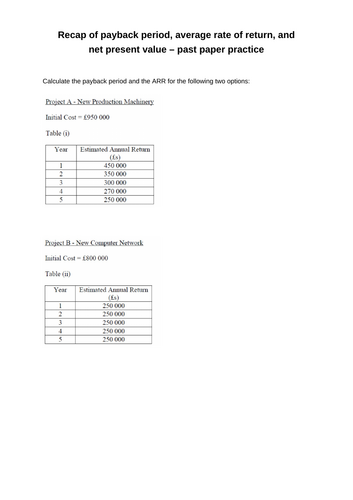 Investment Appraisal Worksheets (Payback, ARR, NPV) A-Level Business ...