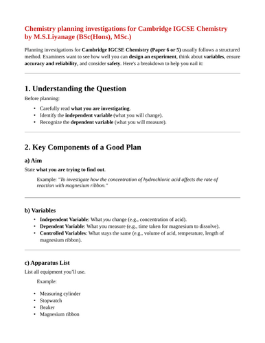 Planning investigations for Cambridge IGCSE chemistry. | Teaching Resources