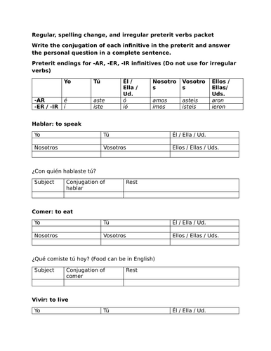 Regular, spelling change, and irregular preterit verbs packet ...