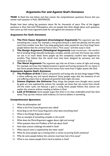 Arguments For And Against The Existence Of God Teaching Resources