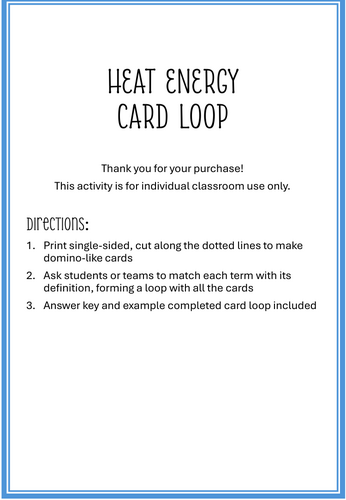 Heat Energy Card Loop Activity | Teaching Resources