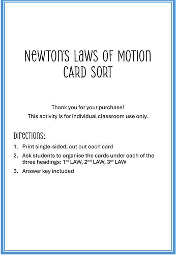 Newton's Laws of Motion Card Sort Activity | Teaching Resources