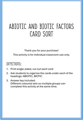 Abiotic and Biotic Factors Card Sort Activity | Teaching Resources