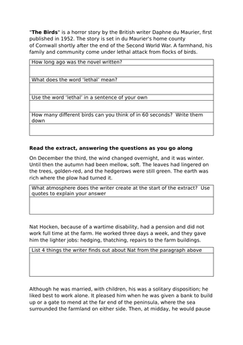 English KS4 / KS3 Fiction The Birds Extract Du Maurier Language ...