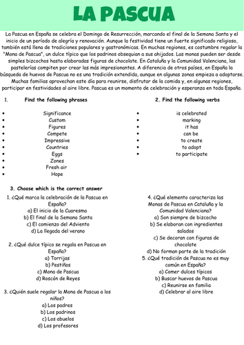 La Pascua Worksheet | Teaching Resources