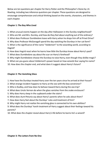 Harry Potter and the Philosopher's Stone - chapter questions | Teaching ...